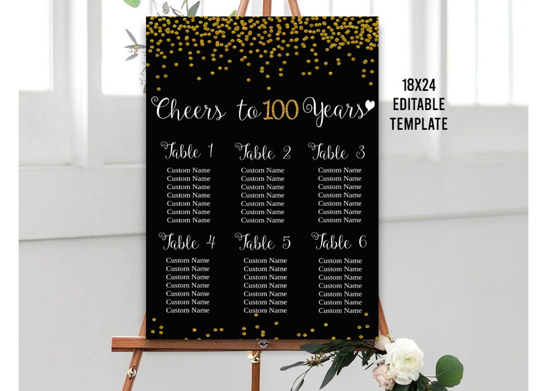 EDITABLE 100th Birthday Seating Chart, Printable Gold Seating Chart ...