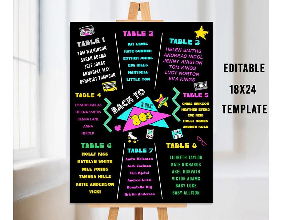EDITABLE Retro Party Seating Chart Printable 80s Party Sign - Etsy UK