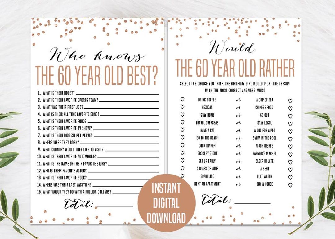 Rose Gold 60th Birthday Game Bundle, Printable, 60th Birthday Party ...