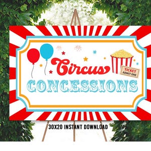 Circus Concession Stand Sign, Printable, Circus Birthday Concessions ...