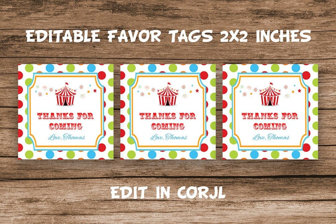 Editable Circus Birthday Thank You Tags, Printable, Carnival Tent ...