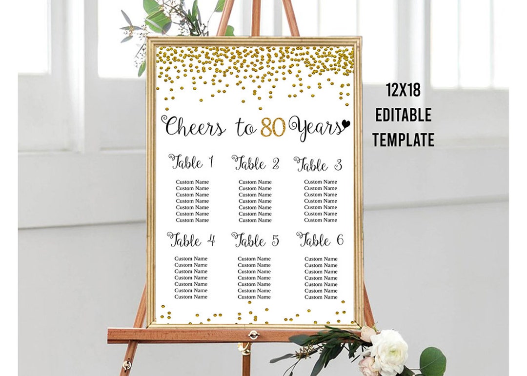 EDITABLE 80th Birthday Seating Chart, Printable Gold Seating Chart ...