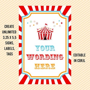 Editable Carnival Party Sign, 3,25 X 5,5 Inches, Printable, Circus Tent ...