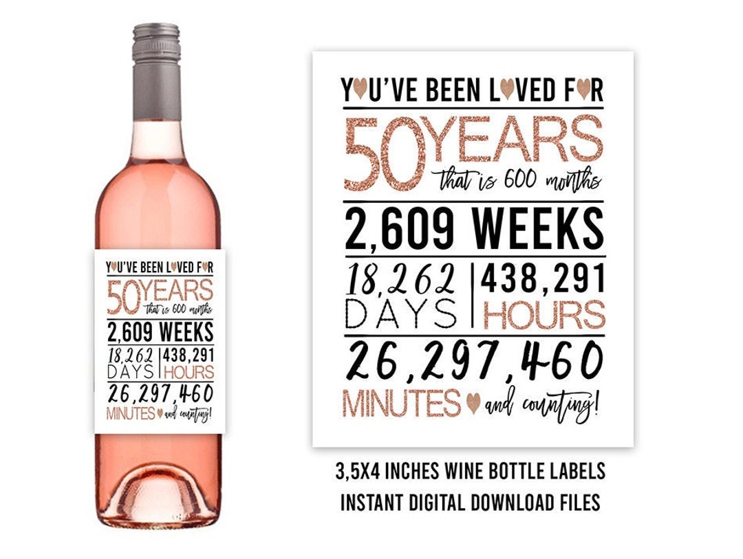 Rose Gold 50th Birthday Wine Bottle Labels, PRINTABLE Wine Bottle ...
