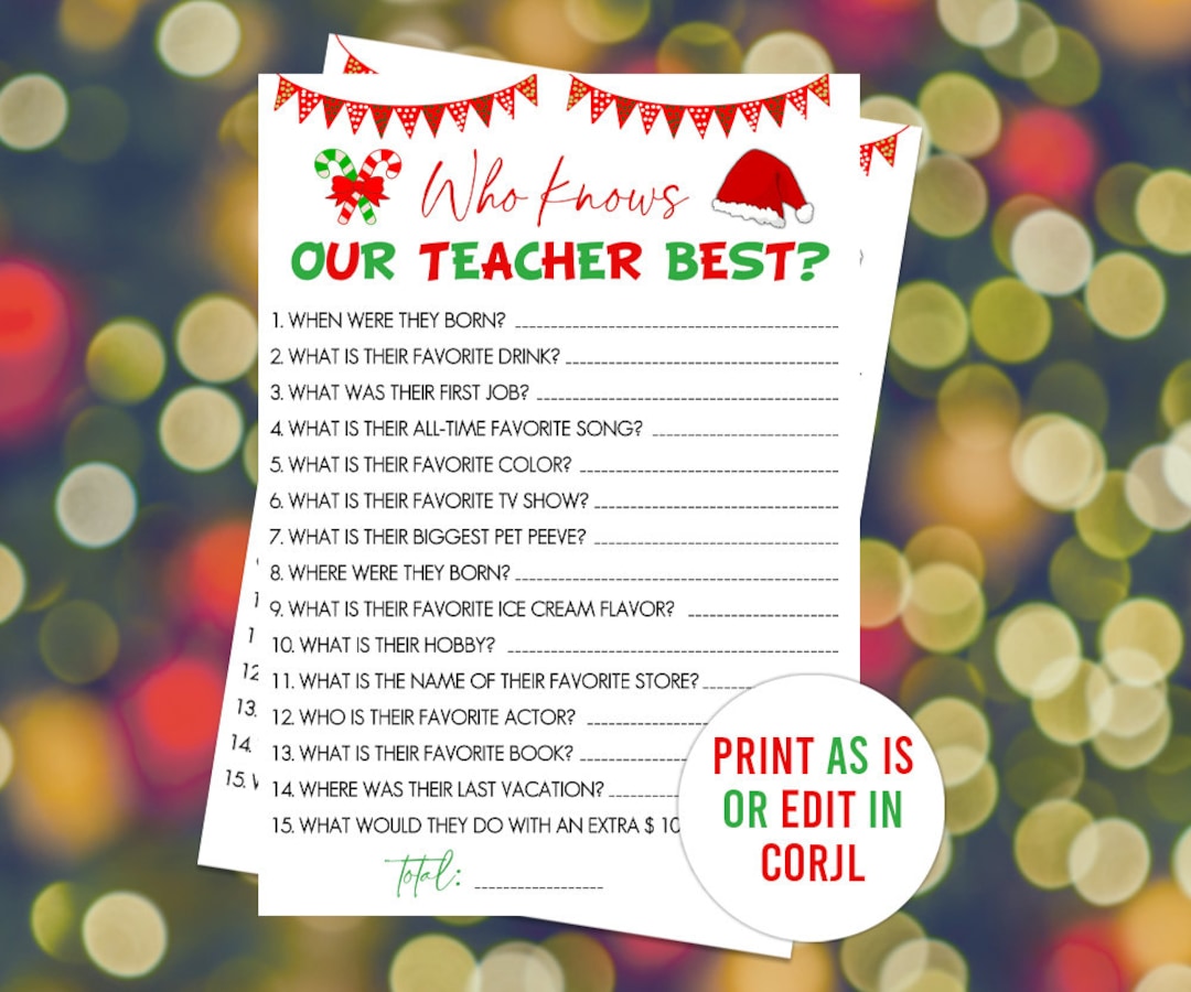 Editable School Holiday Who Knows Our Teacher Best Game, Printable ...