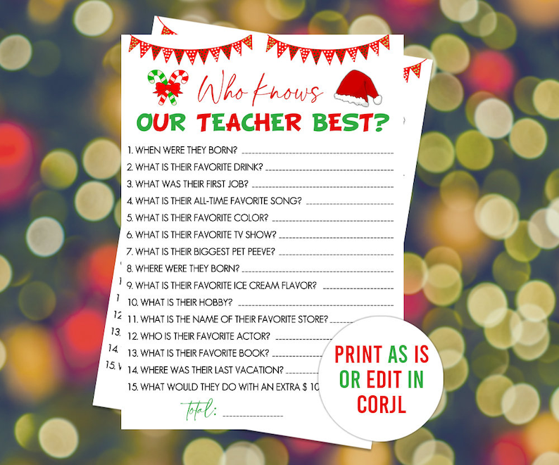 Editable School Holiday Who Knows Our Teacher Best Game, Printable ...