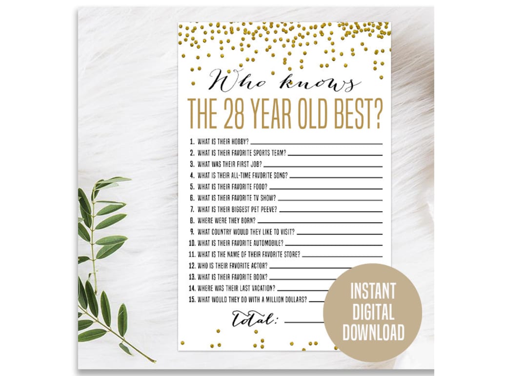 Gold 28th Birthday Game, Printable, 28th Birthday Party Activity, 28th ...