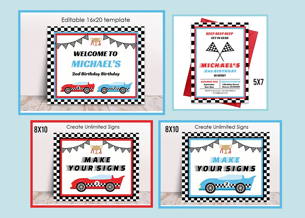 Race Car Party Printable Decorations & Invitation Template Bundle, Two ...