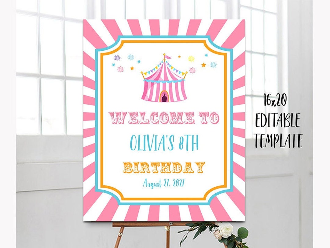 Editable Carnival Party Welcome Sign, Printable Circus Welcome Sign, Pink Carnival Birthday ...