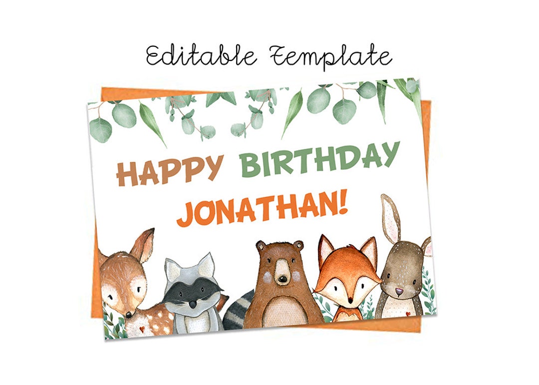 EDITABLE Woodland Birthday Card, Printable Birthday Card, Forest ...