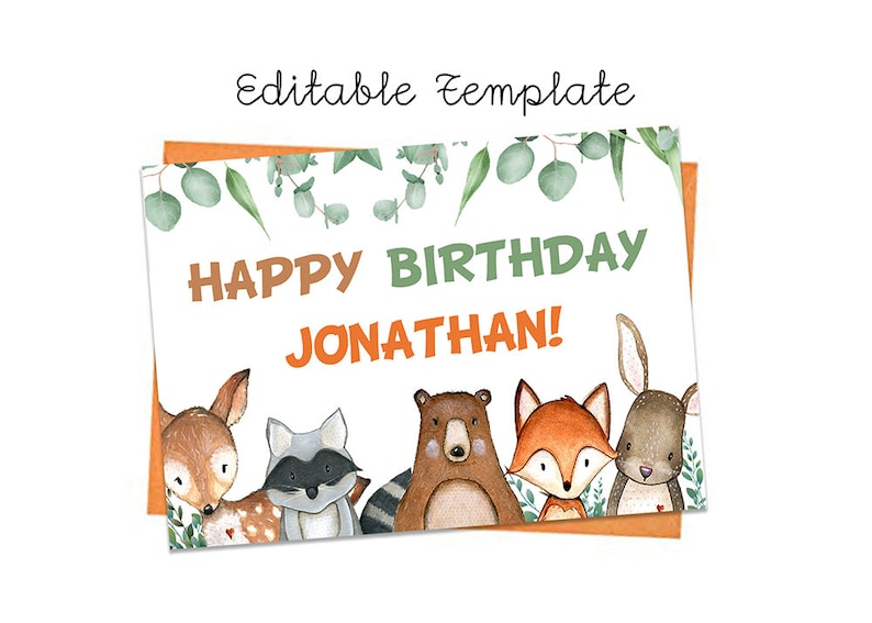 EDITABLE Woodland Birthday Card, Printable Birthday Card, Forest ...
