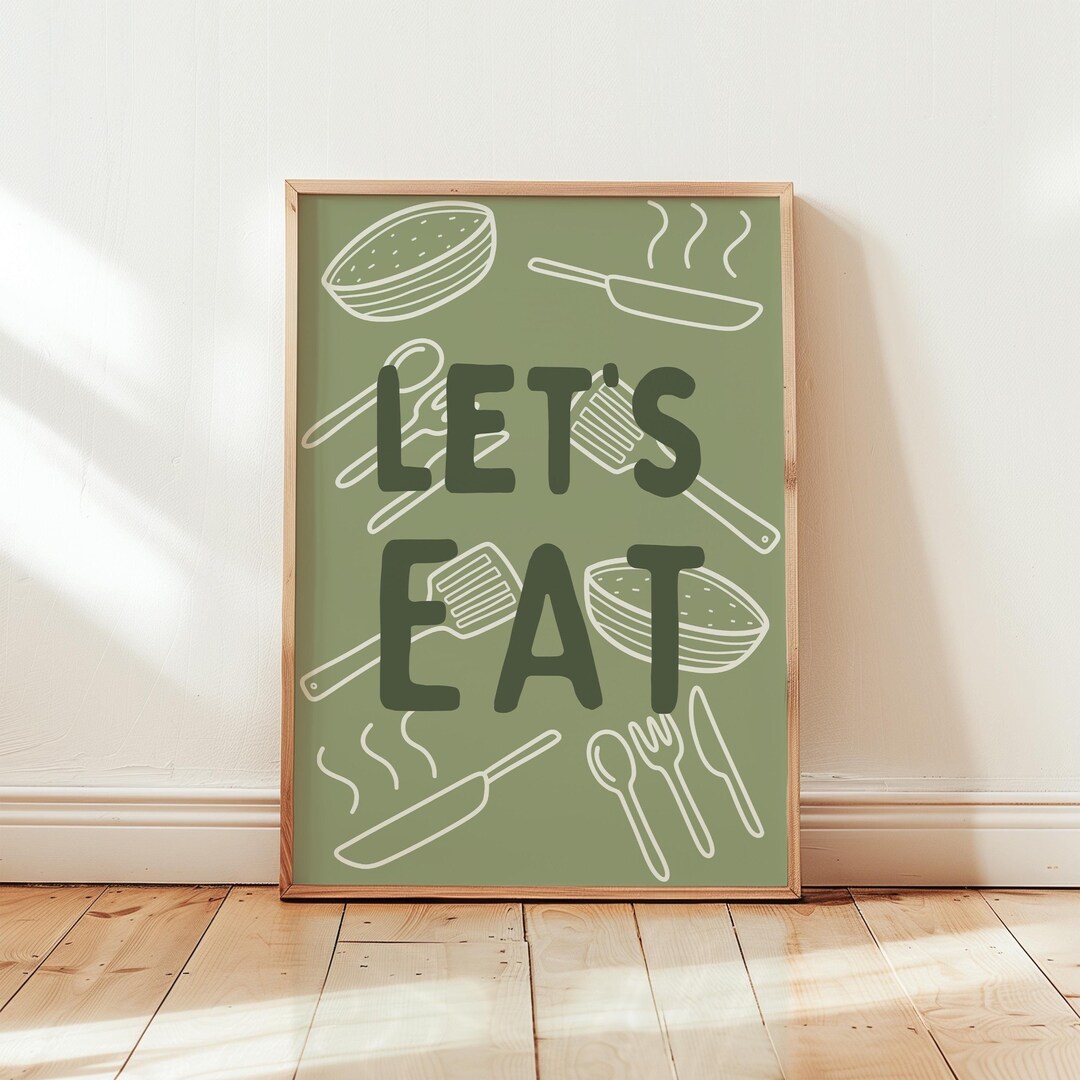 Let's Eat Print, Typography Poster, Green Kitchen Wall Art, Kitchen ...
