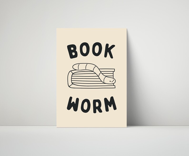 Bookworm Print, Hand Drawn Reader Wall Art, Pink Wall Decor, Book Nook ...