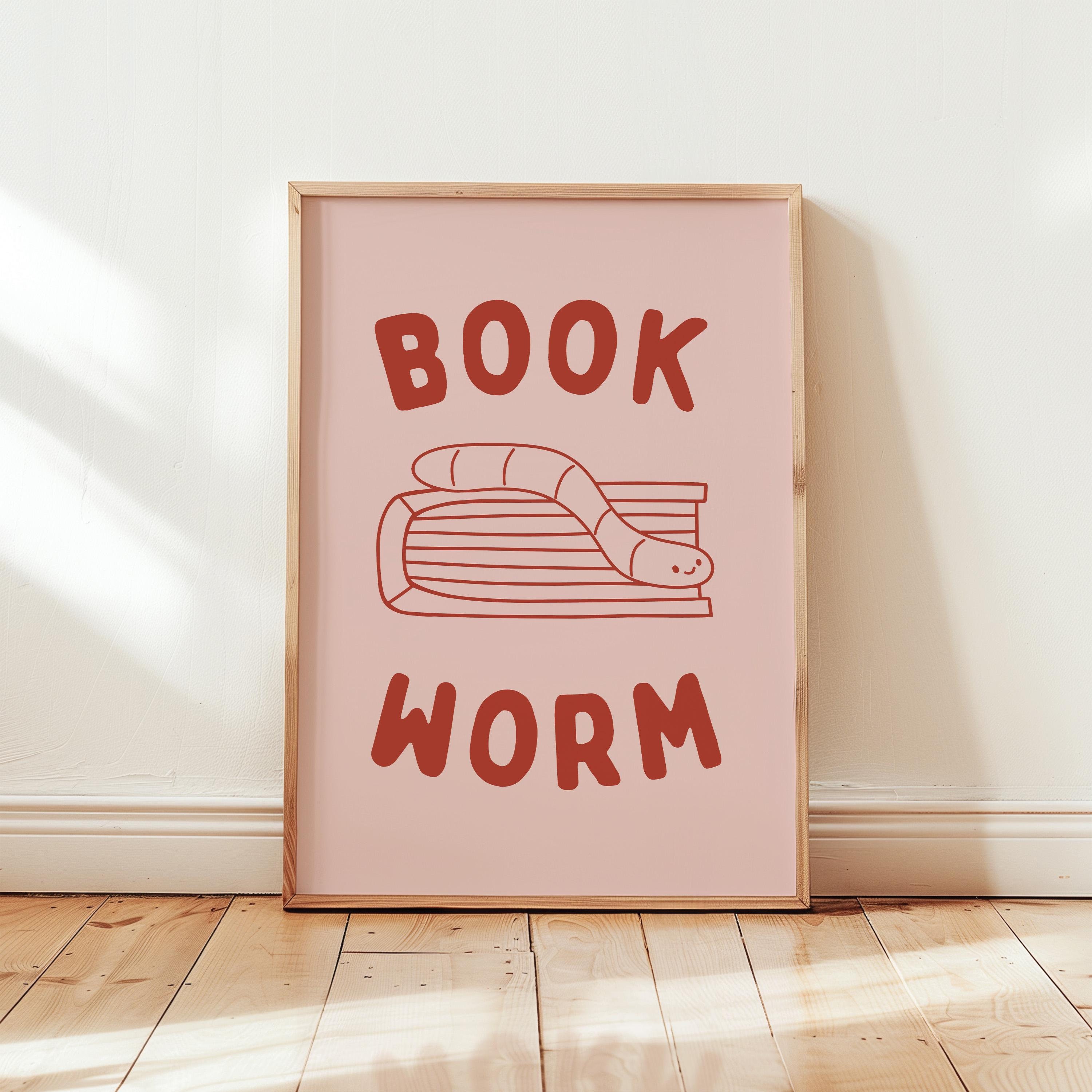 Bookworm Print, Hand Drawn Reader Wall Art, Pink Wall Decor, Book Nook ...