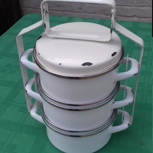 Nesting Pot Set, Vintage Enamel Nesting Pot Set, Enamel Pots, White ...