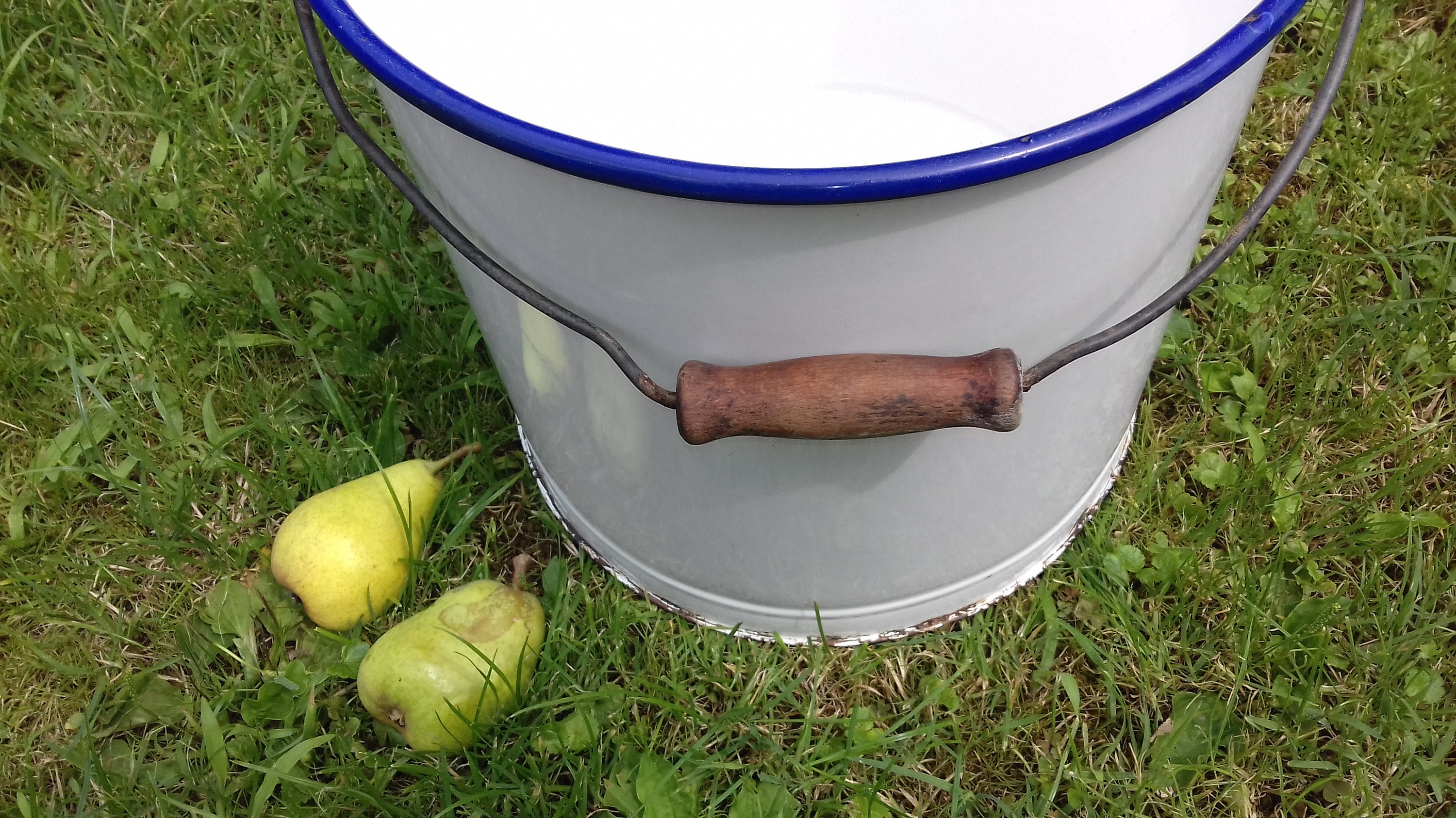 Antique White Enamelware Bucket, Wooden Handle, Farmhouse Decor - Etsy
