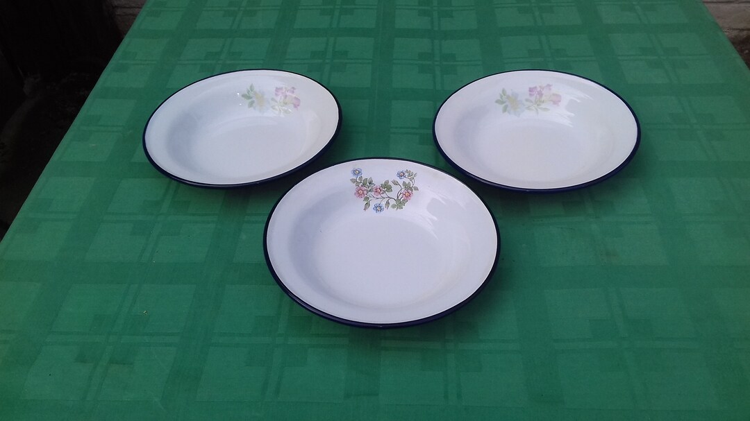 Antique Set of Enameled Plate, Decorative Enamel Plates, Set of Three ...