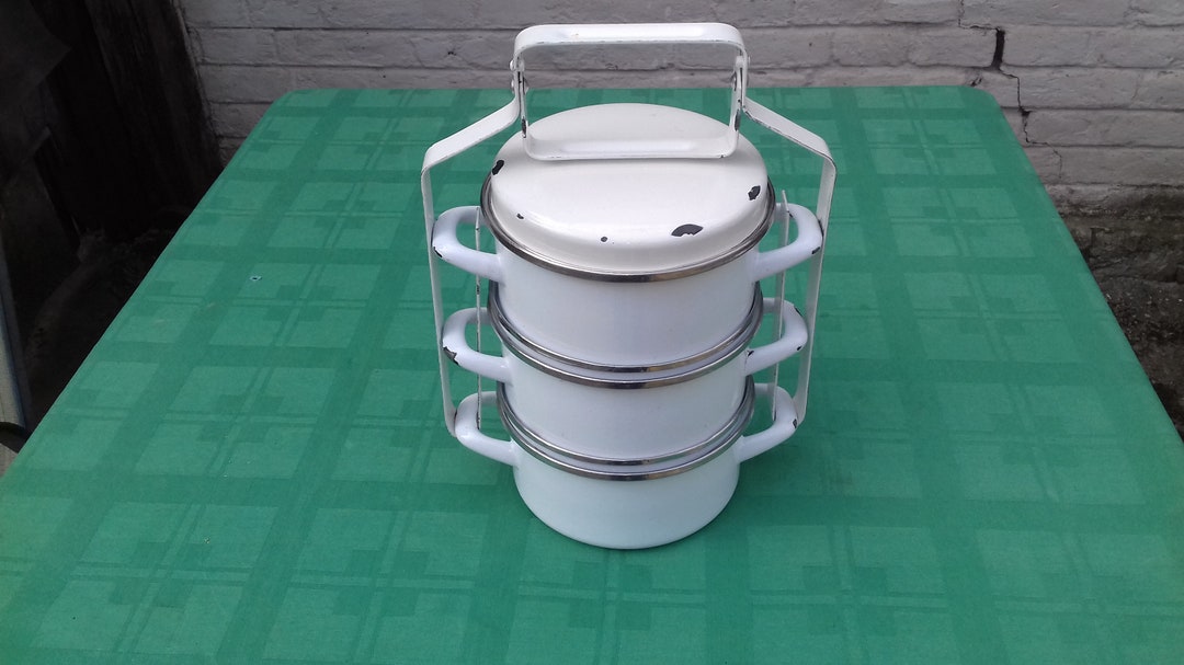 Nesting Pot Set, Vintage Enamel Nesting Pot Set, Enamel Pots, White ...