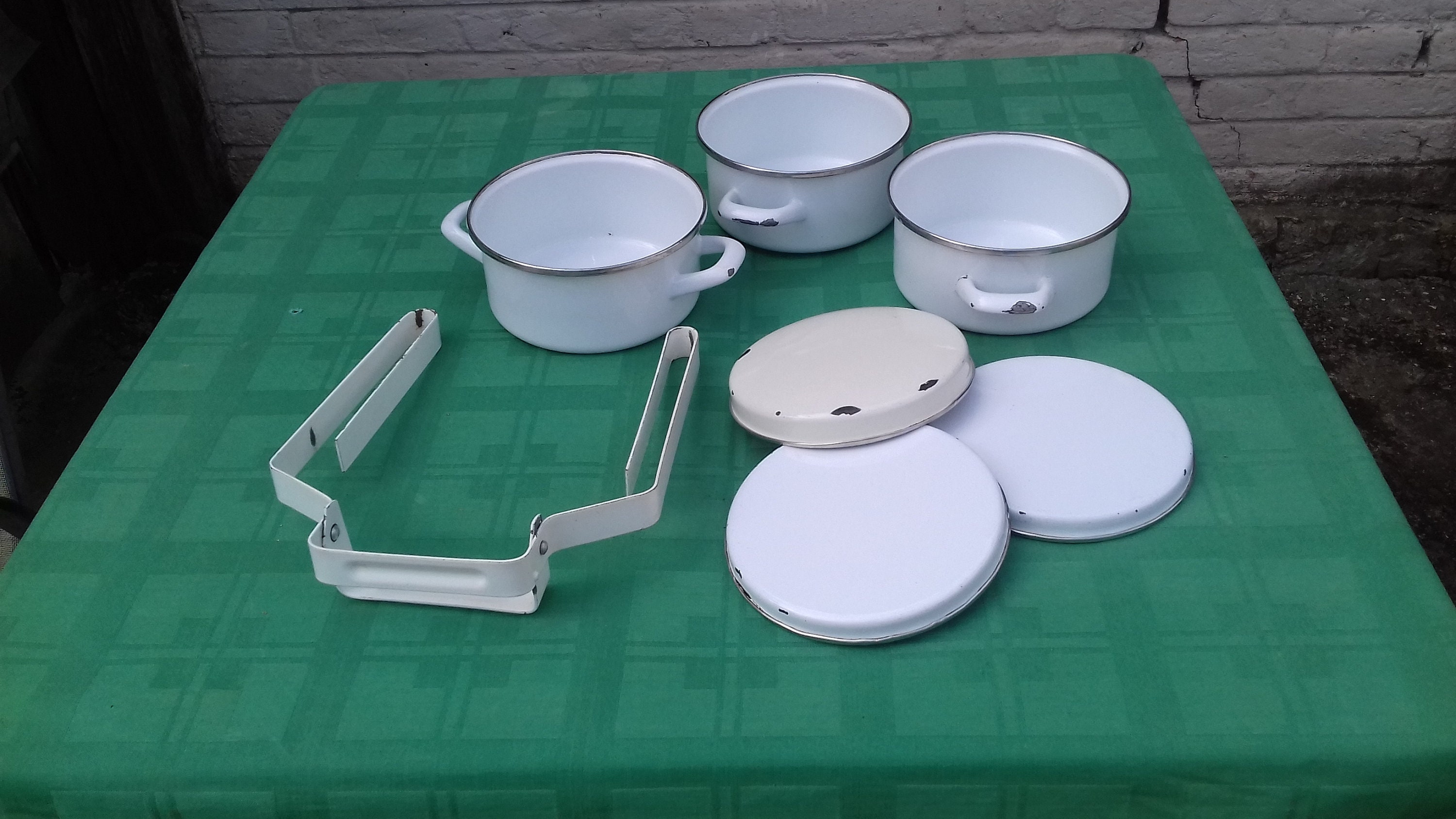 Nesting Pot Set, Vintage Enamel Nesting Pot Set, Enamel Pots, White ...