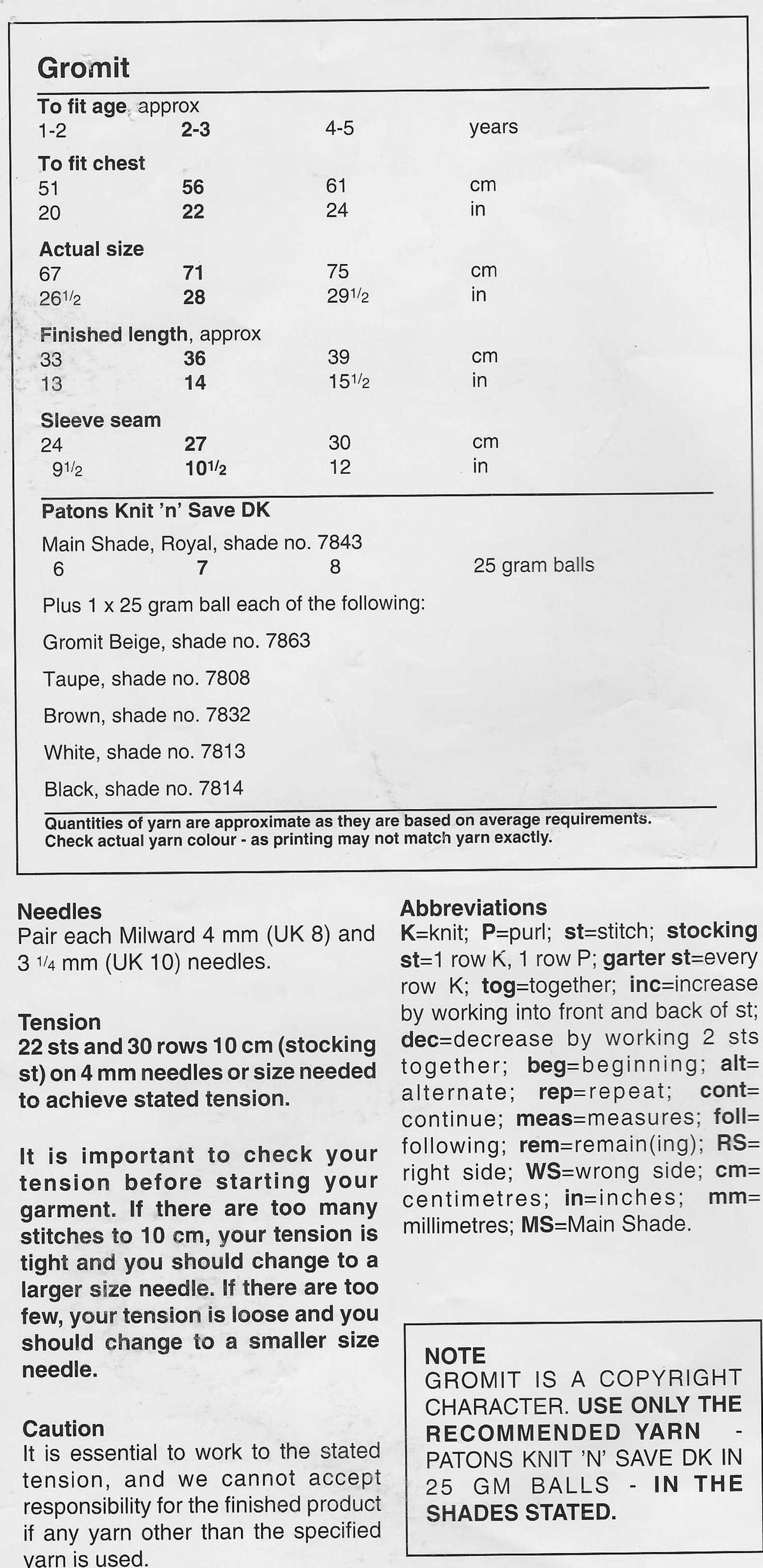 Original Vintage Patons Knitting Pattern E2362 Baby Toddler Gromit ...