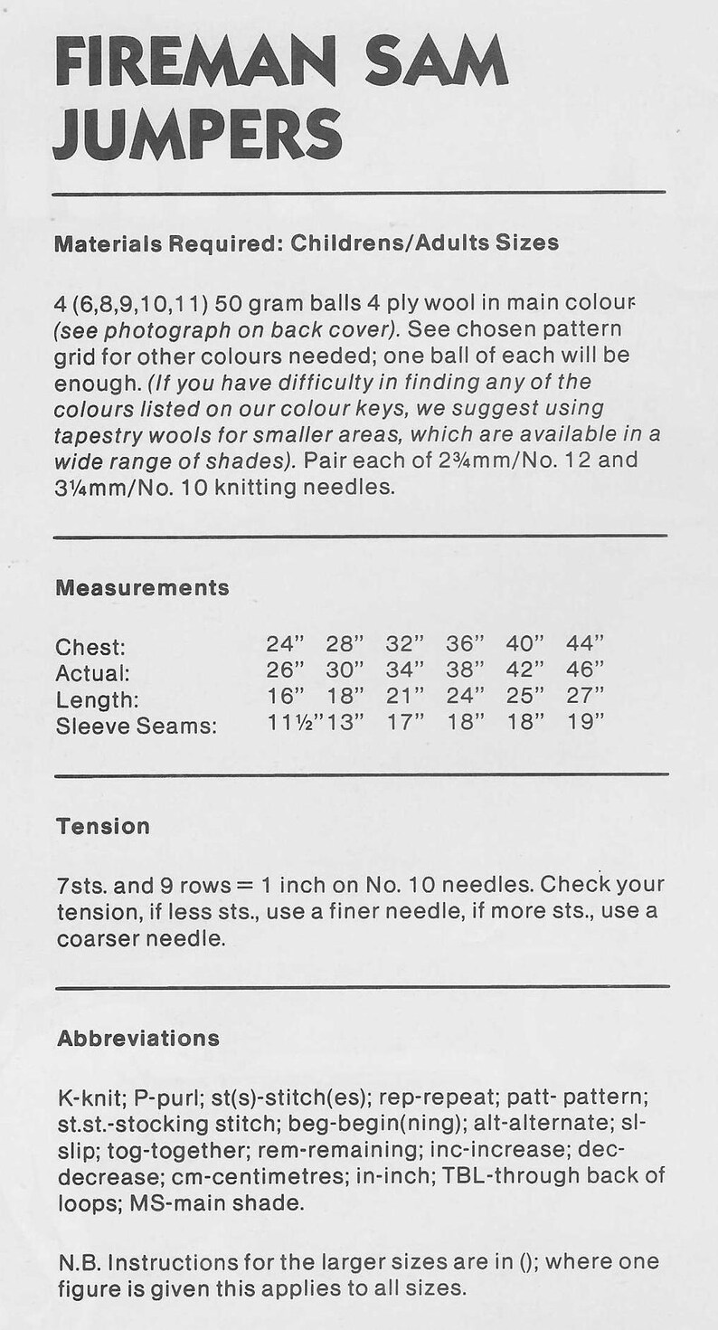 Original Vintage Gary Kennedy Intarsia Fireman Sam Knitting Pattern ...