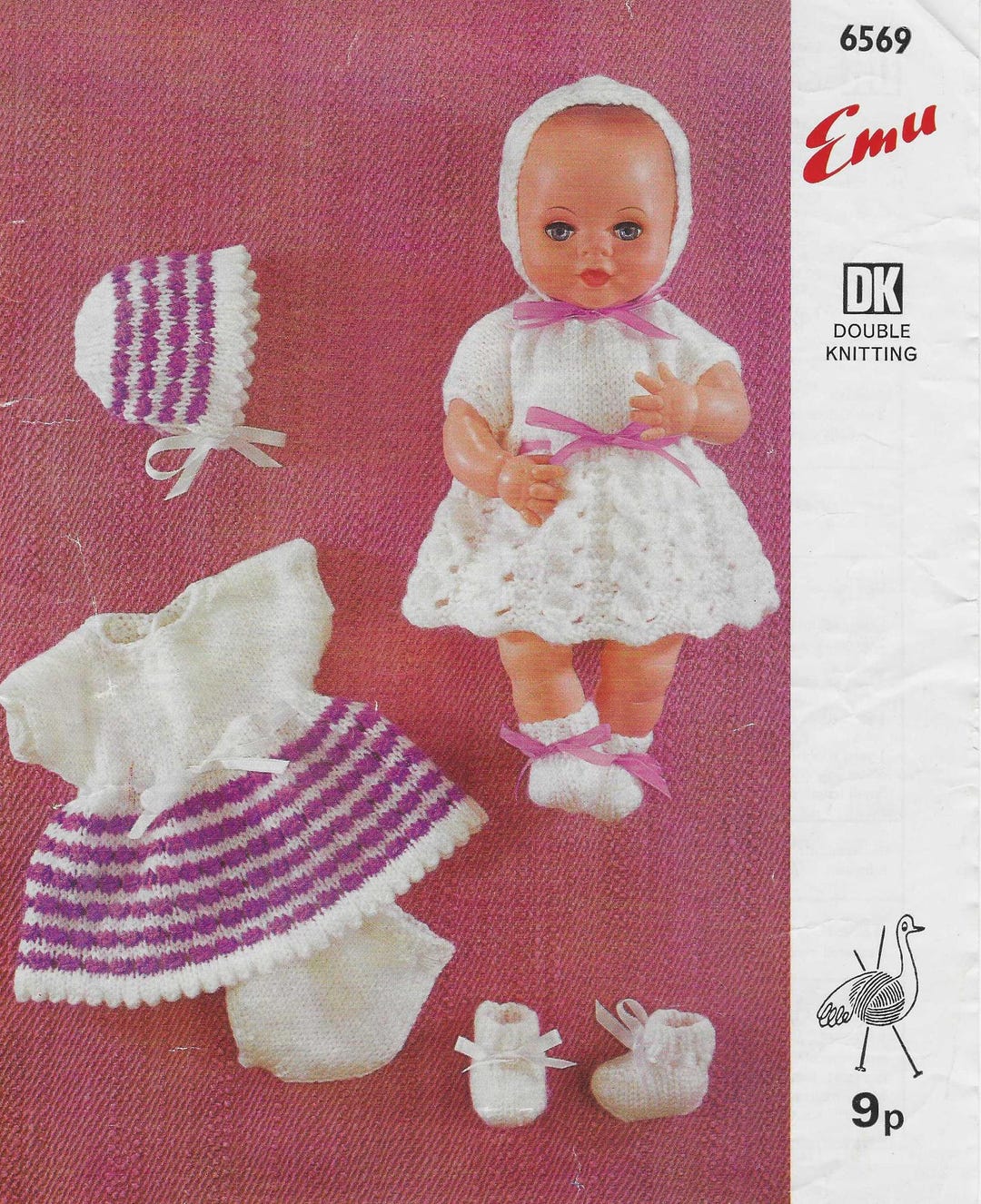 Vintage Emu Knitting Pattern 6569: Baby Dolls Clothes Outfit Dresses ...