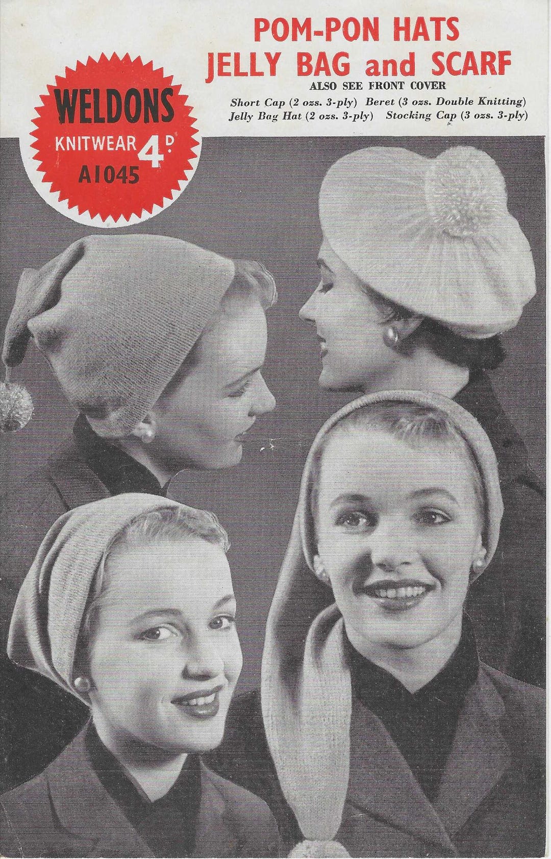 Original Vintage Weldons Knitting Pattern Leaflet A1045 Pom-pon Hats ...