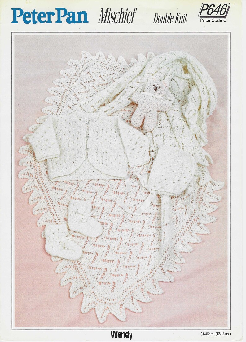 Out-of-print Peter Pan Knitting Pattern P646, Baby Layette Matinee Coat, Bonnet, Bootees, Shawl ...