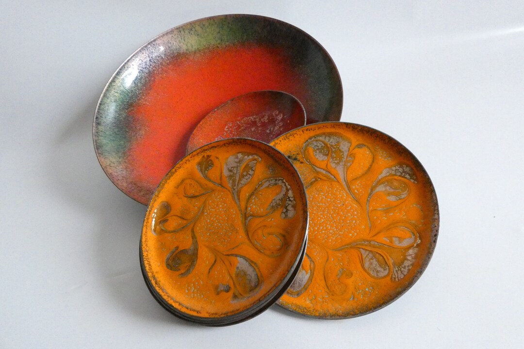 7 Pieces of Enamelled Coasters & Bowl From the 60s - Bar Accessories ...