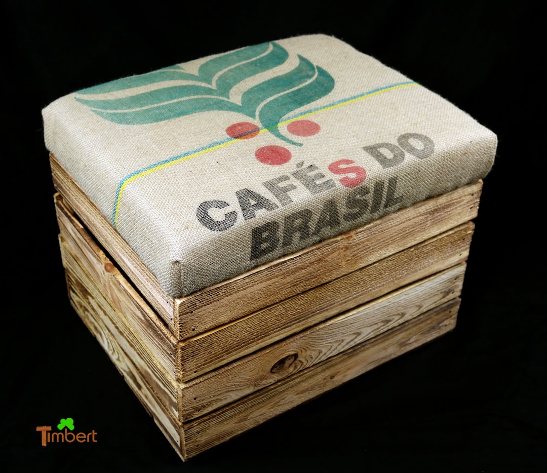 Vintage Fruit Crate Stool With Coffee Sack Cover, Rustic Wooden Crate ...