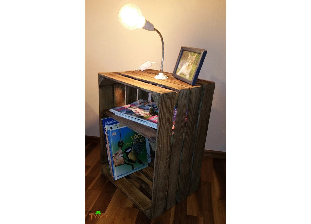 Vintage NIGHT TABLE With Retro LAMP Rustic Night Cabinet Side Table ...