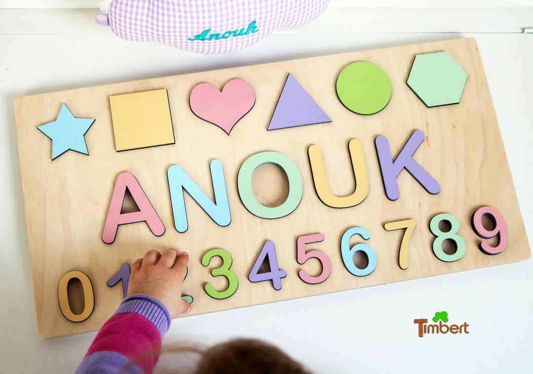 Jigsaw Puzzle With NAMES NUMBERS Shapes Pastel Wooden Jigsaw ...
