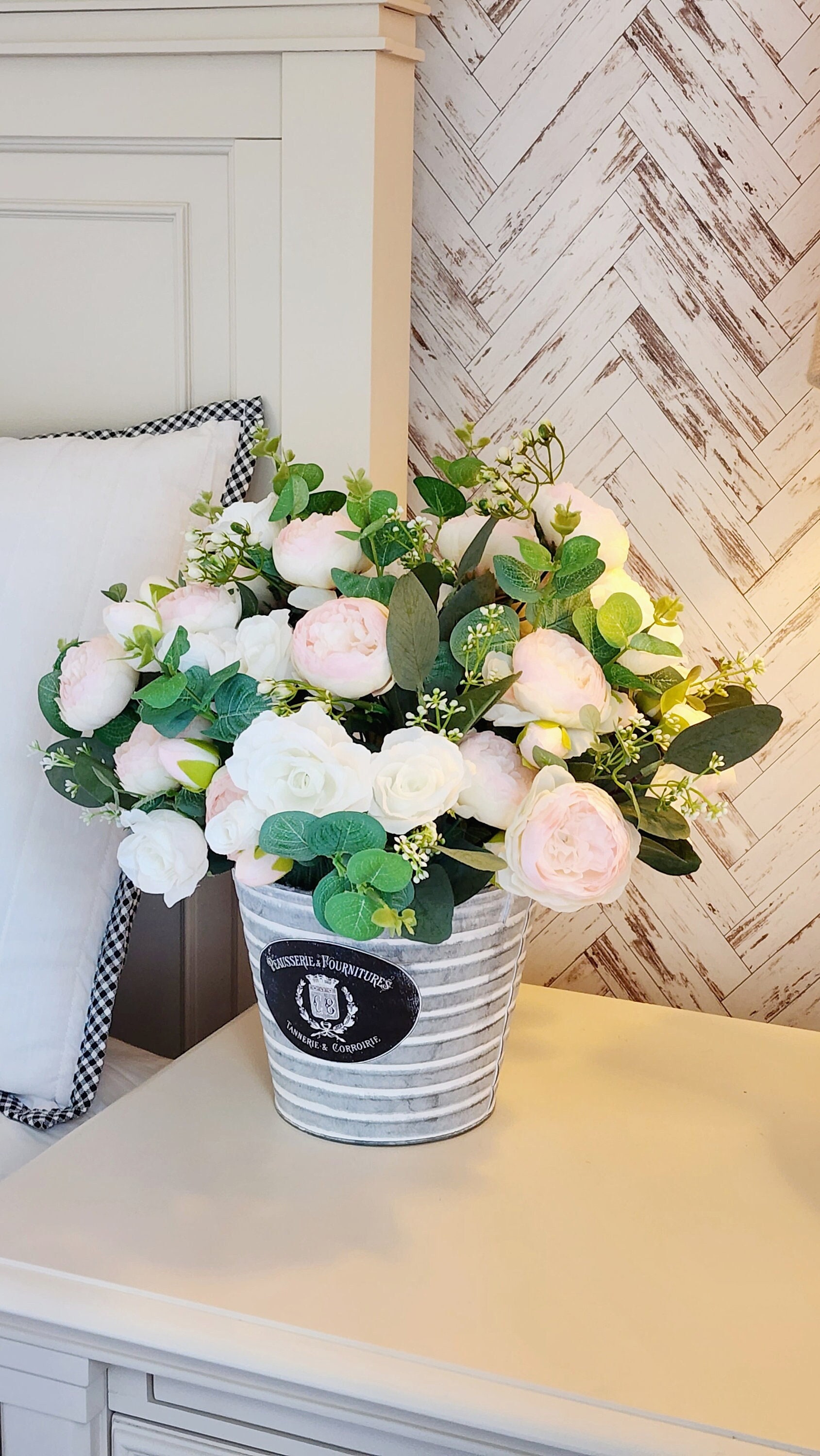FRENCH Bucket With Pink Peony/farmhouse Decor/english Cottage/rose ...