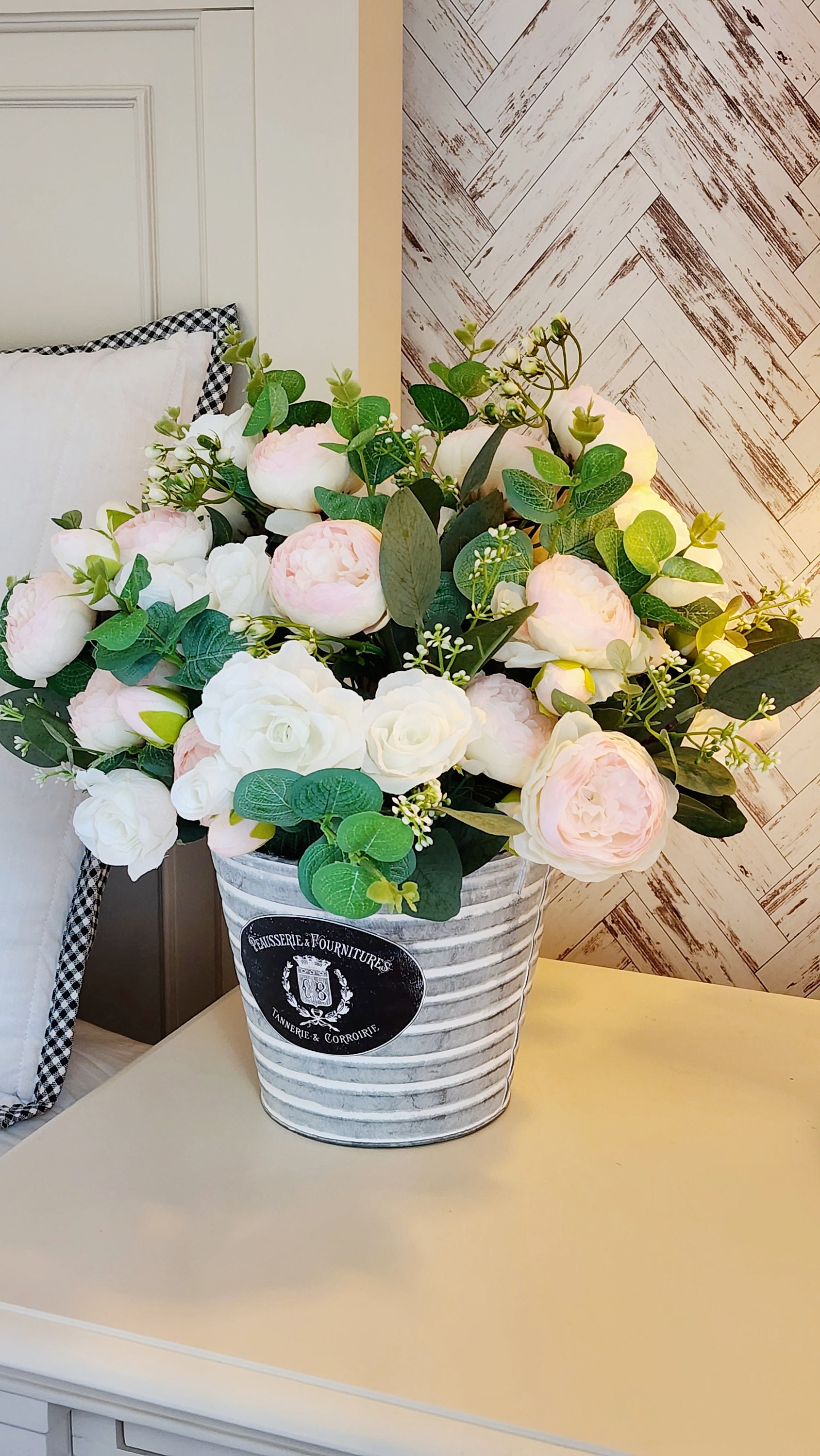 FRENCH Bucket With Pink Peony/farmhouse Decor/english Cottage/rose ...