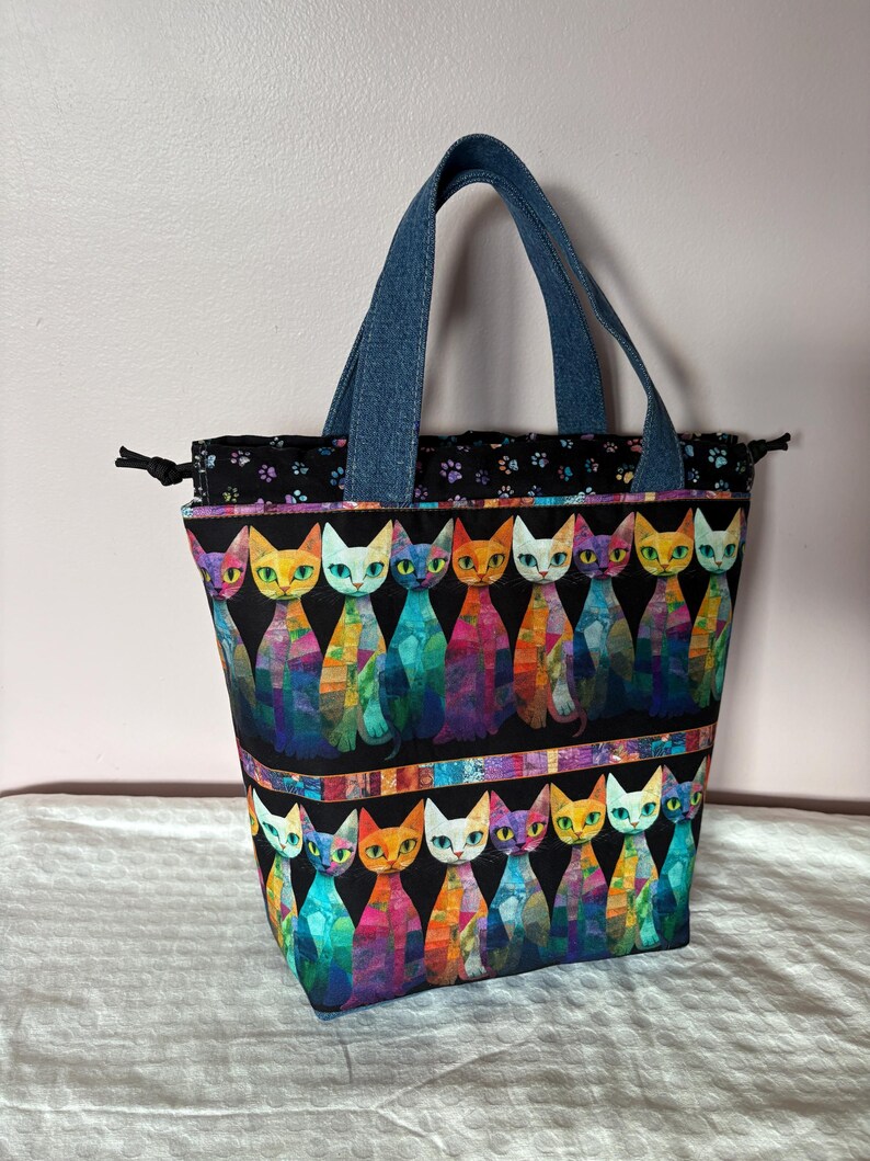 Cat Knitting Project Bag, Upcycled Denim Tote, Drawstring WIP Bag - Etsy