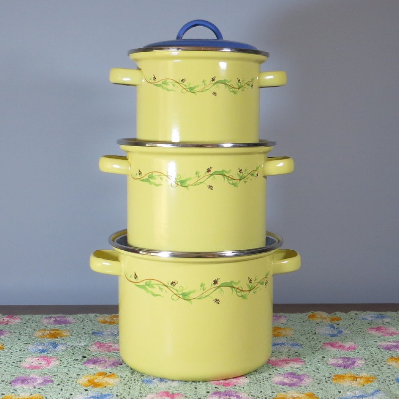Vintage Yellow Enamel Cookware Set Set of 3 Enamel Stock - Etsy