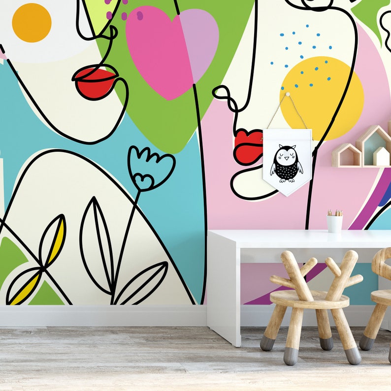 Colorful Abstract Mural Line Art Wallpaper Peel and Stick Wallpaper ...