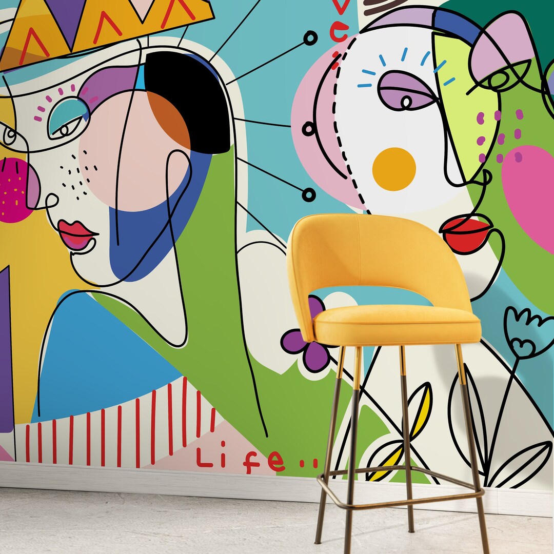 Colorful Abstract Mural Line Art Wallpaper Peel and Stick Wallpaper ...