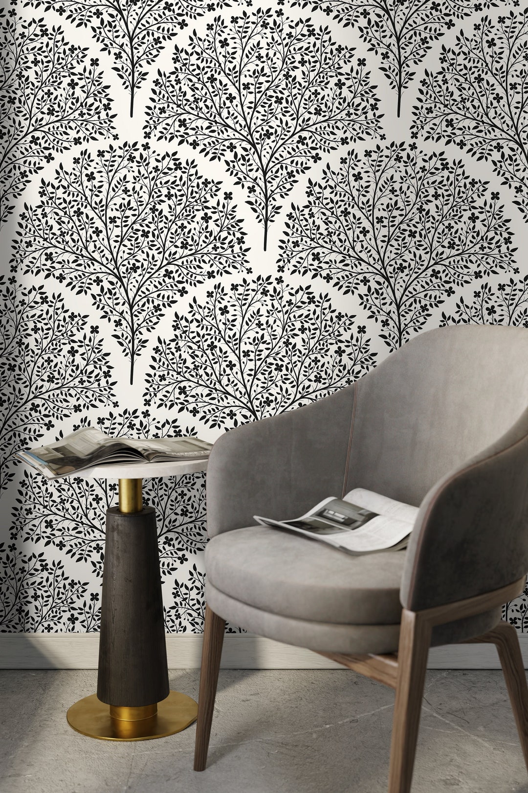 Black and Beige Tree Floral / Wallpaper Peel and Stick Wallpaper ...
