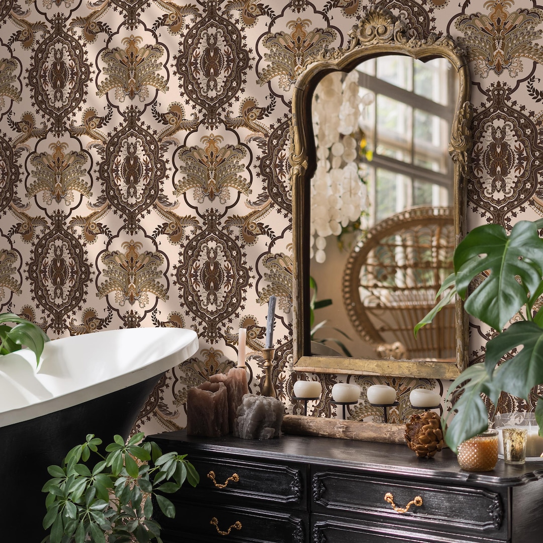 Victorian Vintage Wallpaper in Brown and Gold on Cream - Peel and Stick ...