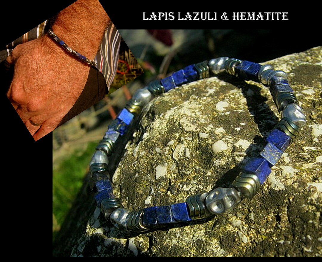 Men Bracelet Punk LAPIS LAZULI Tourmaline Turquoise Hematite Skull Onyx ...