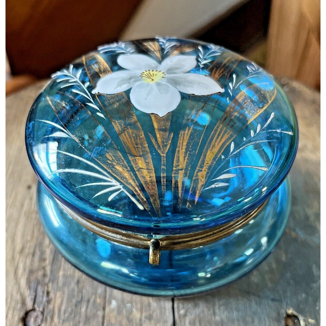 Antique Vintage Hand Painted Enamel Blue Glass Trinket Box Dresser ...