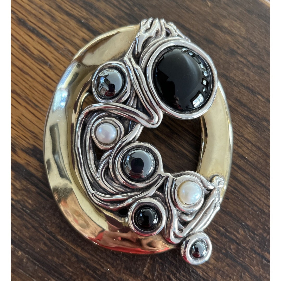 Bat Ami Israel Sterling Silver Brooch Pin Pendant Black Onyx Modernist ...