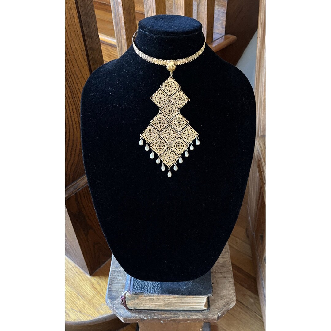 Gold Tone Faux Pearl Runway Collar Choker Bib Articulated Necklace ...