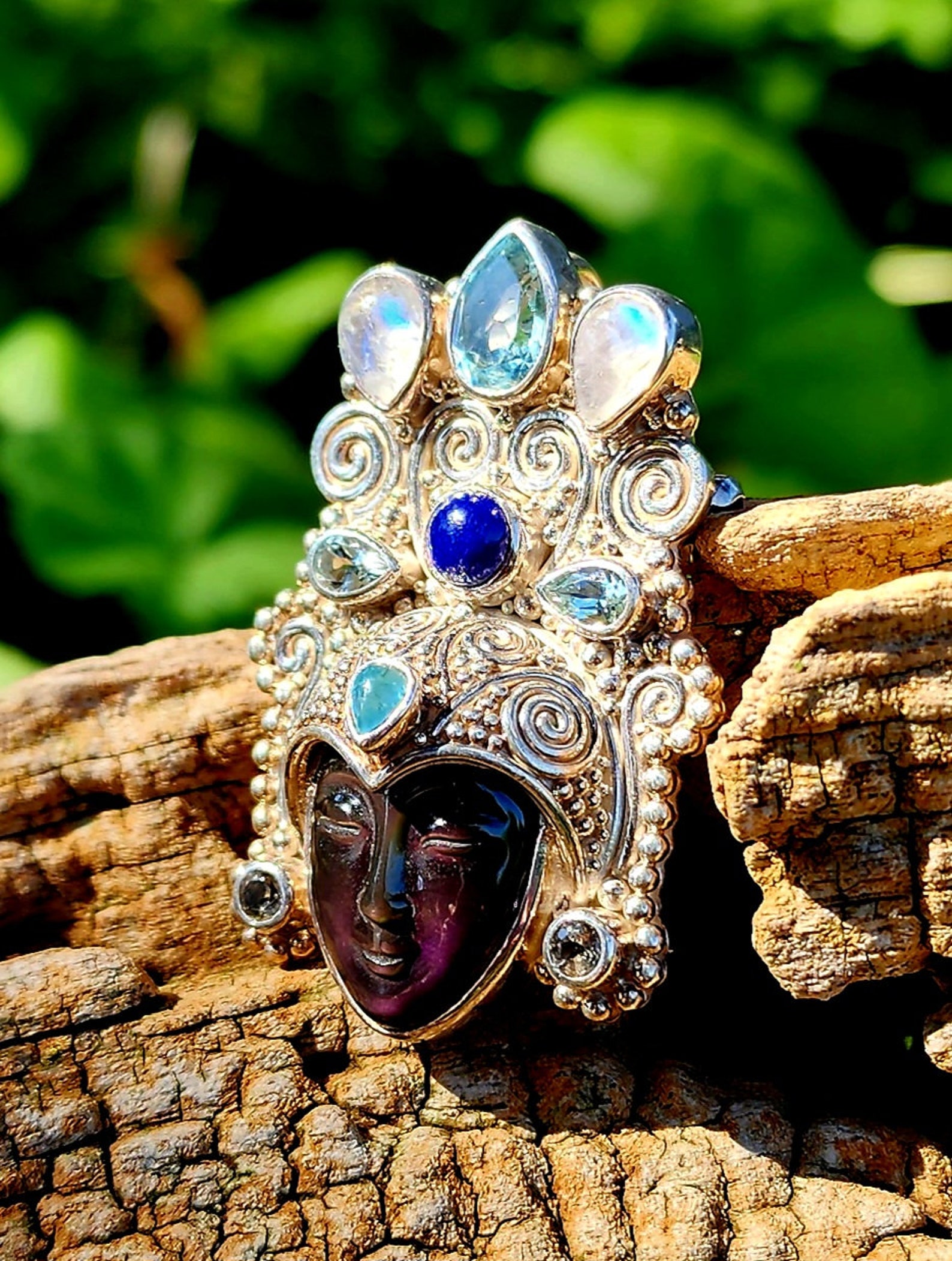 Sterling Silver Pendant/brooch-rainbow Obsidian-rainbow Moonstone-blue ...