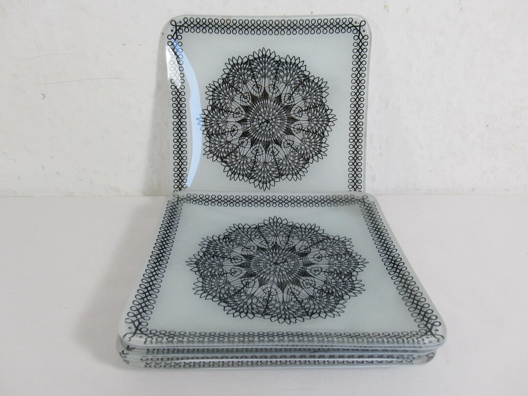 Vintage 1950s Chance Glass Black Lace Design Set of Four Small Square ...