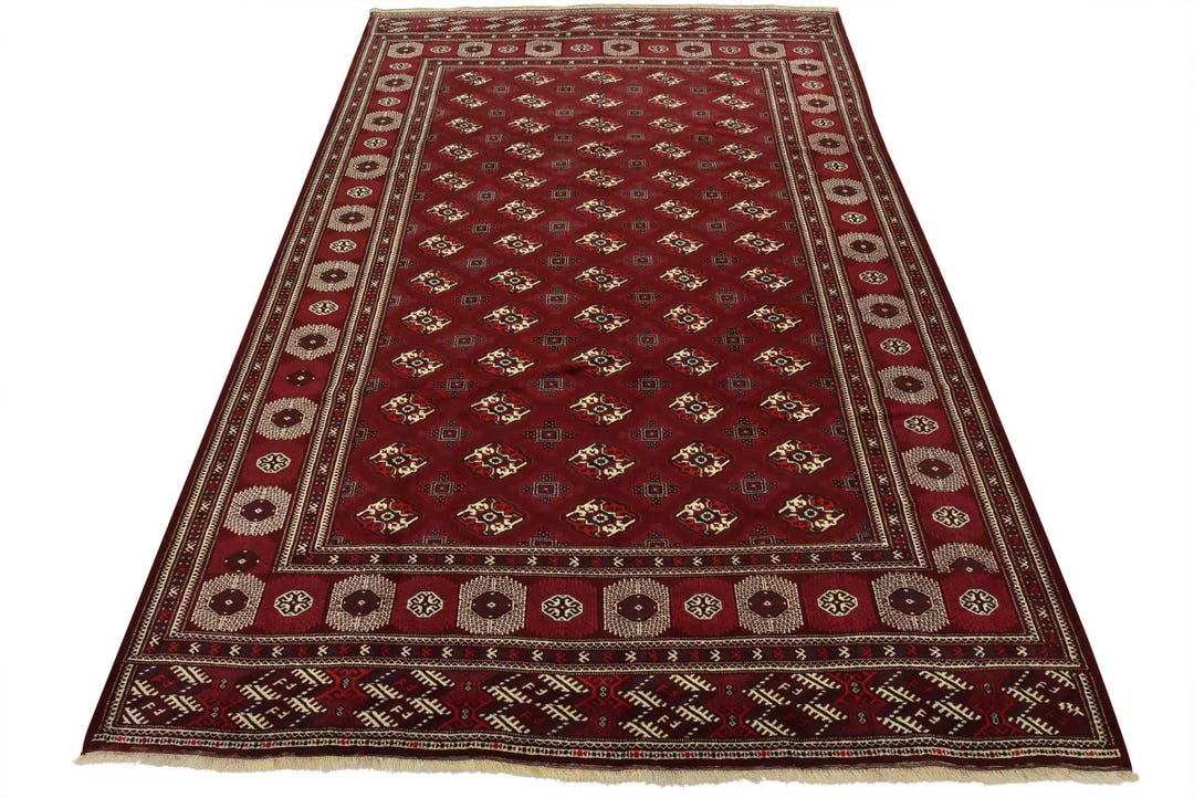 Turkmen Rug 8'8'' X 12'2'' Red Wool Vintage Tribal Hand-knotted ...
