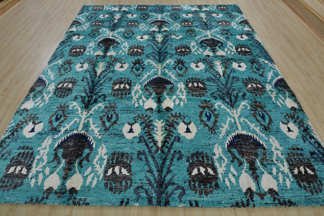Modern Ikat Carpet 85 X 102 Blue Viscose Hand-knotted Area Rug - Etsy