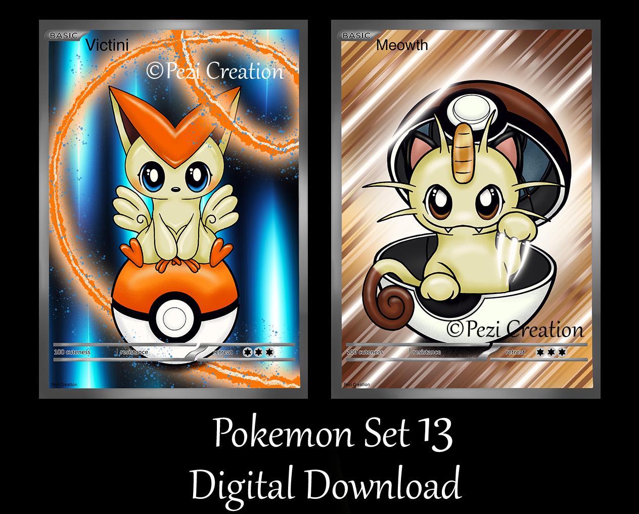 Pokemon Set 6 Illustration Card Poster Drawings, Victini, Meowth ...