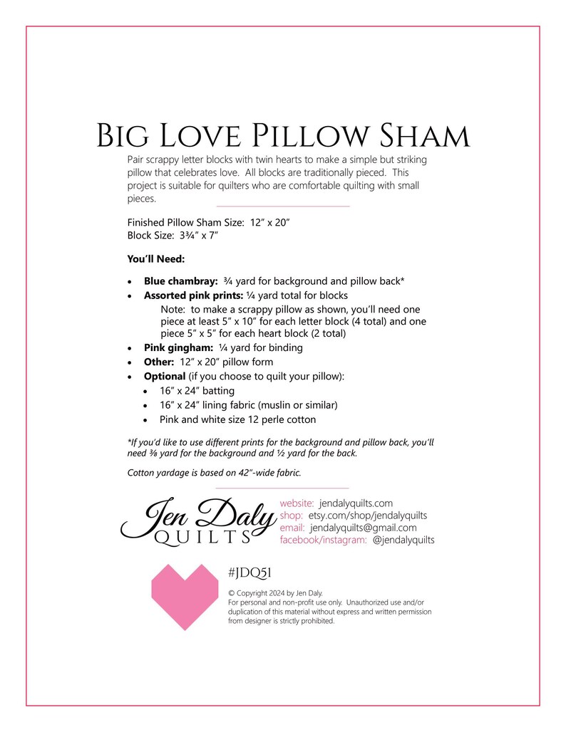 Big Love Pillow Sham Pattern PDF by Jen Daly Quilts - Etsy